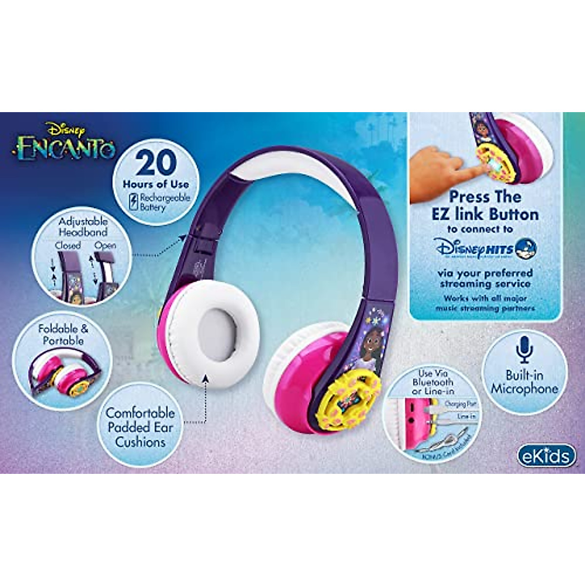eKids Disney Encanto Bluetooth Headphones with EZ Link, Wireless Headphones with Microphone and Aux Cord, Kids Headphones for School, Home, or Travel