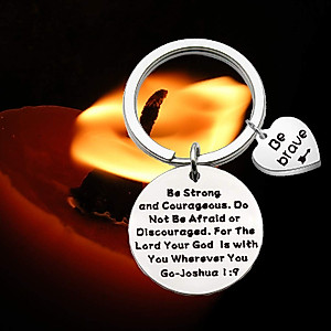 FEELMEM Joshua 1:9 Be Strong And Courageous Religious Keychian Be Brave Inspirational Keyring Scripture Jewelry Christian Gift (silver)