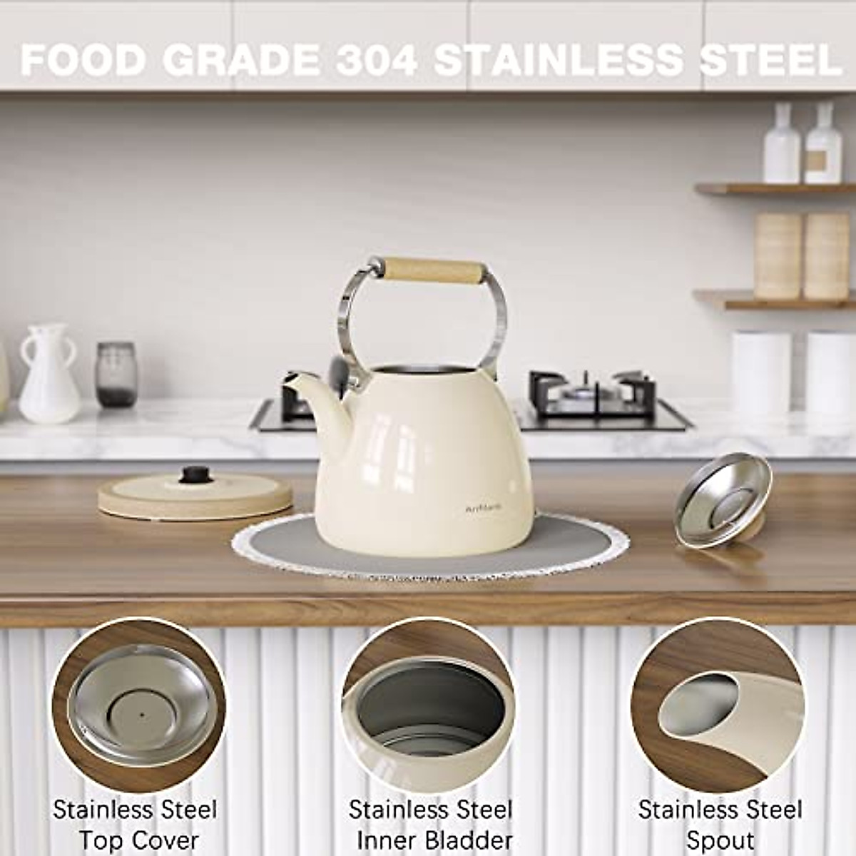 Anfilank-Boil Water Electric Kettle, 1.7L 1500W, Coffee & Tea Kettle Stainless Steel,Wood Grain Design, Removable Filter, Water Window, LED Light. 360° Rotation, Auto Shut-off & Boil-Dry Protection