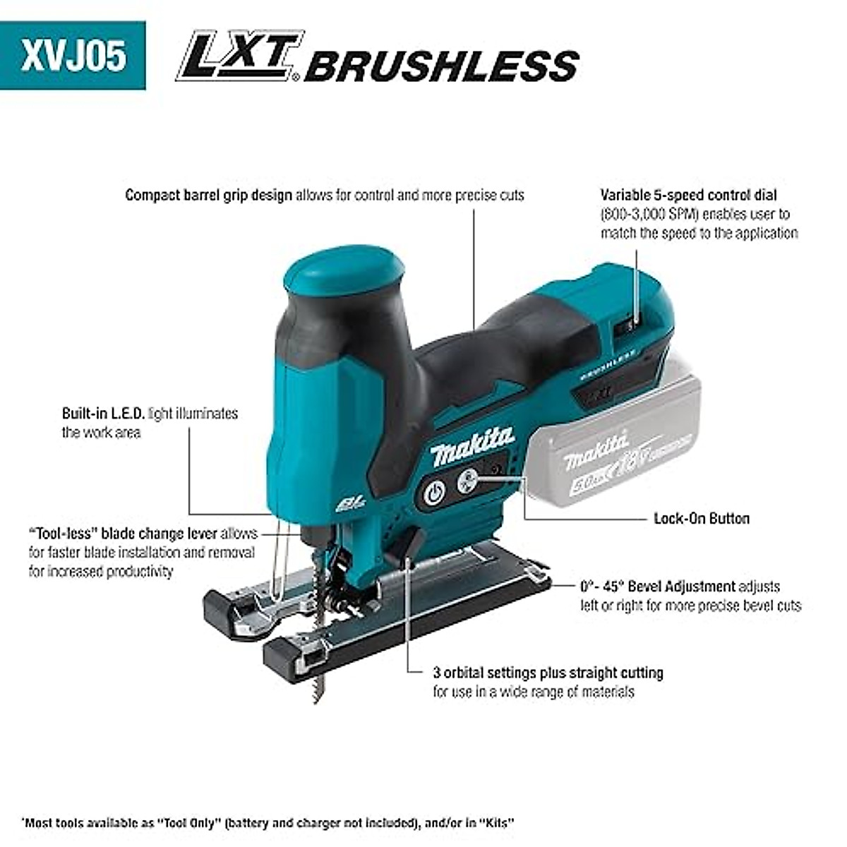 Makita XVJ05Z 18V LXT® Lithium-Ion Brushless Cordless Barrel Grip Jig Saw, Tool Only