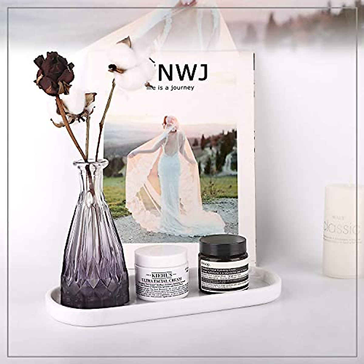 Emibele Bathroom Vanity Tray, 10" Oval Storage Tray for Dresser Toilet Tank Kitchen Sink Countertop Organizer, Resin Jewelry Ring Dish Cosmetic Decor Tray for Perfume Candle Soap Shampoo, Marble White