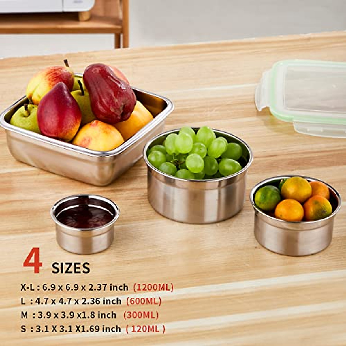 JUANALINE Stainless Steel Food Containers/Bento Lunch Box/Food Storage-Set of 4, 120ML,300ML, 600ML and 1.2L, Leakproof, BPA Free, Portion Control, LT. Green