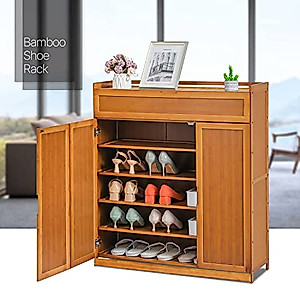 MoNiBloom Bamboo Entryway Shoe Cabinet, Free Standing 6 Tier Shoe Floor Storage Organizer with Doors for Entryway Balcony Bathroom Living Room, Brown