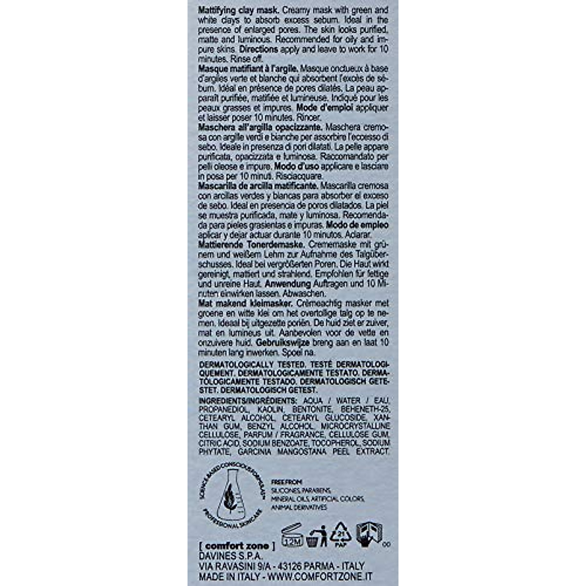 [ Comfort Zone ] Active Pureness Mask, Mattifying Clay Face Mask, Absorb And Minimize The Appearance Of Pores, 2.02 Fl. Oz.