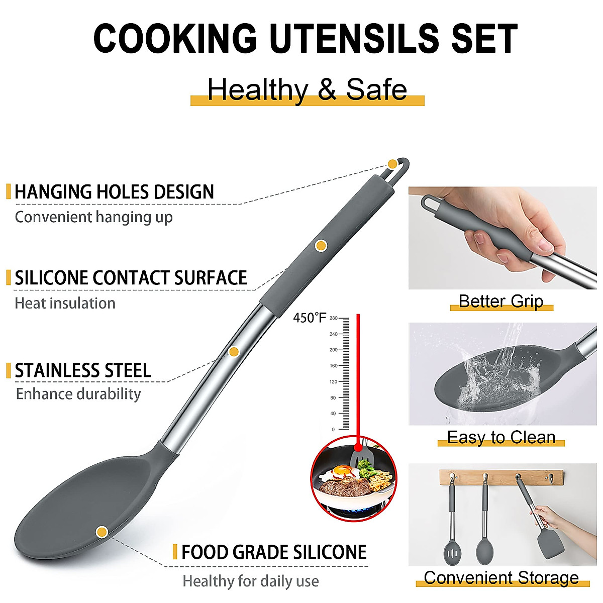 Silicone Kitchen Utensils Set, E-far 30-Piece Cooking Utensils Set with Holder, Heat Resistant Kitchen Spatulas Turner Tong Spoon Whisk Ladle for Nonstick Cookware, Stainless Steel Handle (Gray)