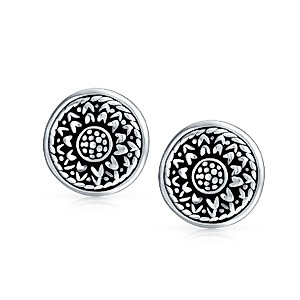 Bali Style Lightweight Medallion Round Disc Flower Sunflower Clip On Earrings For Women Non Pierced Oxidized .925 Sterling Silver