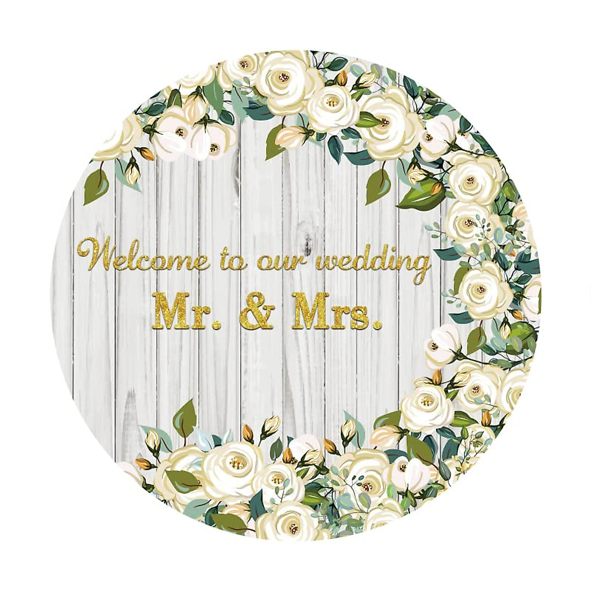 Yeele 7x7ft Mr & Mrs Wedding Round Backdrop Wooden Texture White Rose Floral Photography Background Bride and Groom Engaged Ceremony Anniversary Bridal Shower Party Supplies Photo Booth Props