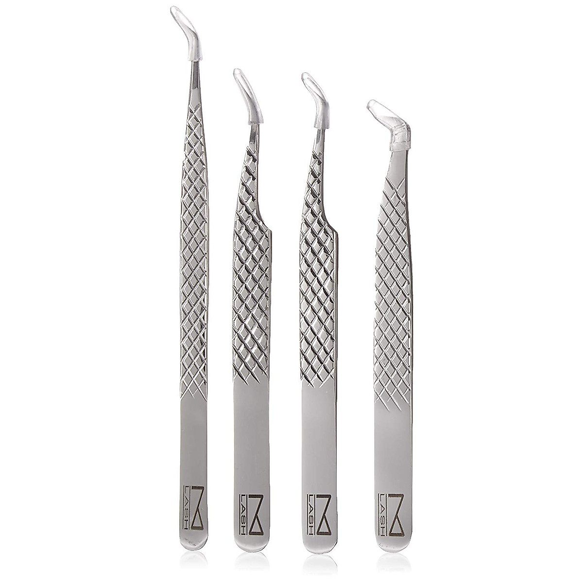 M LASH Tweezers for Eyelash Extensions (Set of 4) - Professional Lash Extension Tweezers - Fiber Tip, Japanese Steel, Diamond Grip Eyelash Extension Tweezer (Silver)
