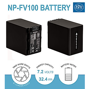 BM 2-Pack of NP-FV100 Batteries and Charger for Sony HDR-CX455 CX675 CX260 CX290 CX330 CX380 CX430V CX580V CX760V CX900 PJ430V PJ540 PJ580V PJ650V PJ670 PJ710V PJ760V PV790V PJ810 FDR-AX33 AX53 AX100