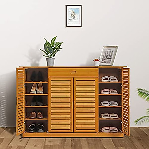MoNiBloom Bamboo Shoe Storage Cabinet Shelf Stand with 2 Double Shutter Doors & 1 Drawer for 26-30 Pairs Entryway Hallway Living Room Bedroom, Brown