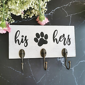 10 o'clock Decorative Key Holder & Dog Leash Hook Wall Mount for Entry Way, Kitchen, & Mudroom, His Hers & Paw Print Triple Hook, 10" x 5"