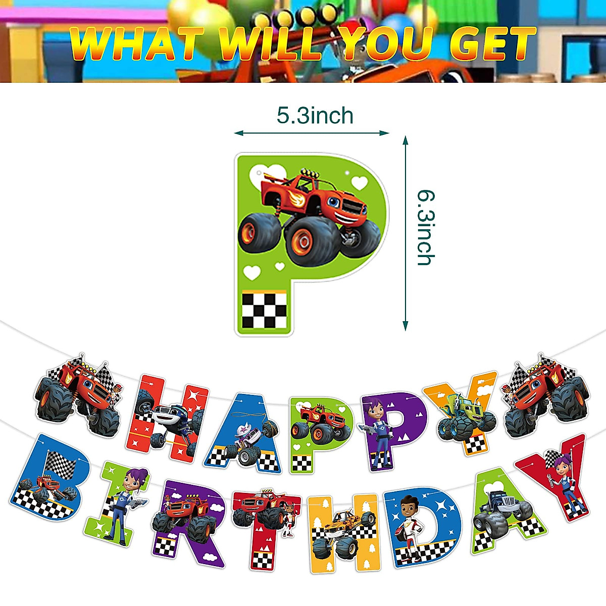 Blaze Birthday Decorations Blaze and The Monster Machines Party Balloon Banner and Hanging Swirls for Kid, Boys and Girls Happy Birthday Banners