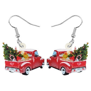 DUOWEI Acrylic Christmas Truck Tree Garland Earrings Drop Dangle Jewelry For Women Festival Gifts (Red)