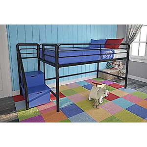DHP Junior Twin Metal Loft Bed with Storage Steps, Space-Saving Solution, Multifunctional, Black with Blue Steps & Fire Department Design Curtain Set for Junior Loft Bed, Kids Furniture, Blue