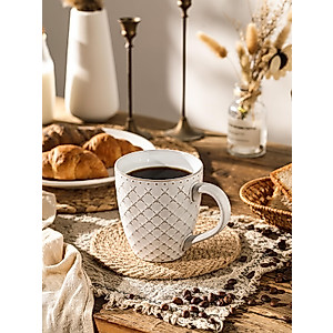 DOWAN Coffee Mugs Set of 6, 19 oz Large Mug, Ceramic Embossment Stoneware Tea Cups with Handle for Men Women, Handcrafted Mug Gift Set, Housewarming Wedding Gift