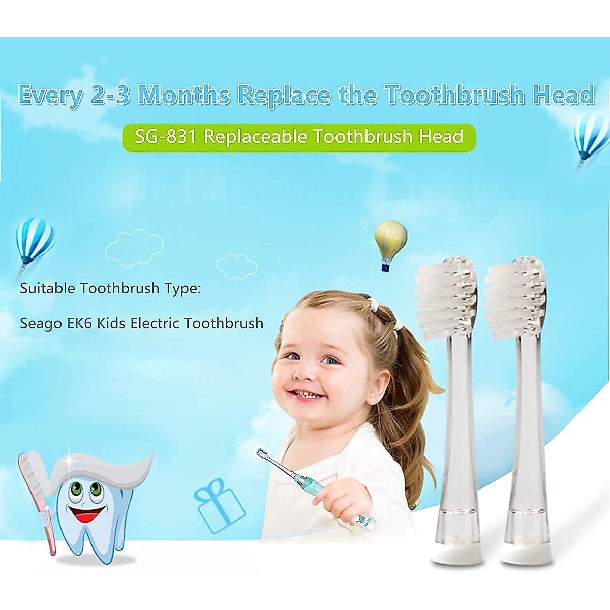 4 Pack Baby Kids Toothbrush Heads, Electric Toothbrush Replacement Heads Compatible with Dada-Tech DT-BB1, DT-977, DT-K6; Compatible with Brush-Baby WildOnes/KidzSonic; for Seago SG513/977, 3-12 Year