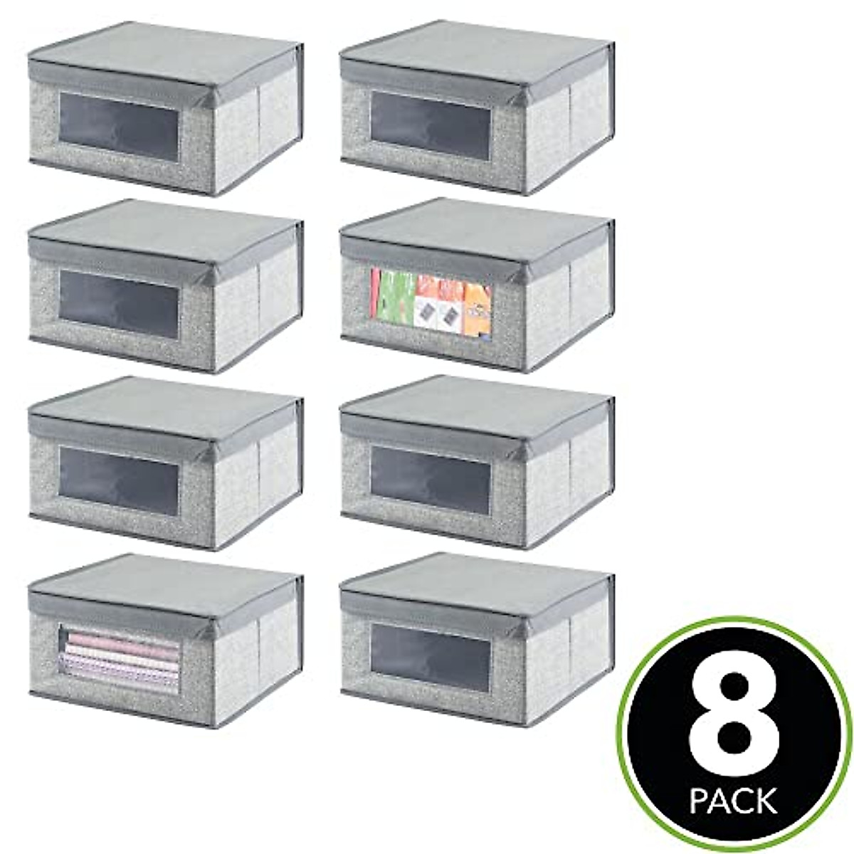 mDesign Medium Fabric Stackable Closet Storage Organizer Box with Front Window/Lid for Bedroom, Office, Mudroom Organization, Hold Clothes, Blankets, Linens, Lido Collection, 8 Pack, Gray