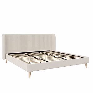 Novogratz Holly Upholstered Wingback Bed Frame, King, Ivory Velvet