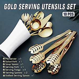 Gold Serving Utensils, OGORI 10-Piece Polished Stainless Steel Gold Serving Utensils Set Include Serving Spoons, Slotted Serving Spoon, Serving Tongs, Serving Fork, Salad Fork, Soup Ladle, Pie Server