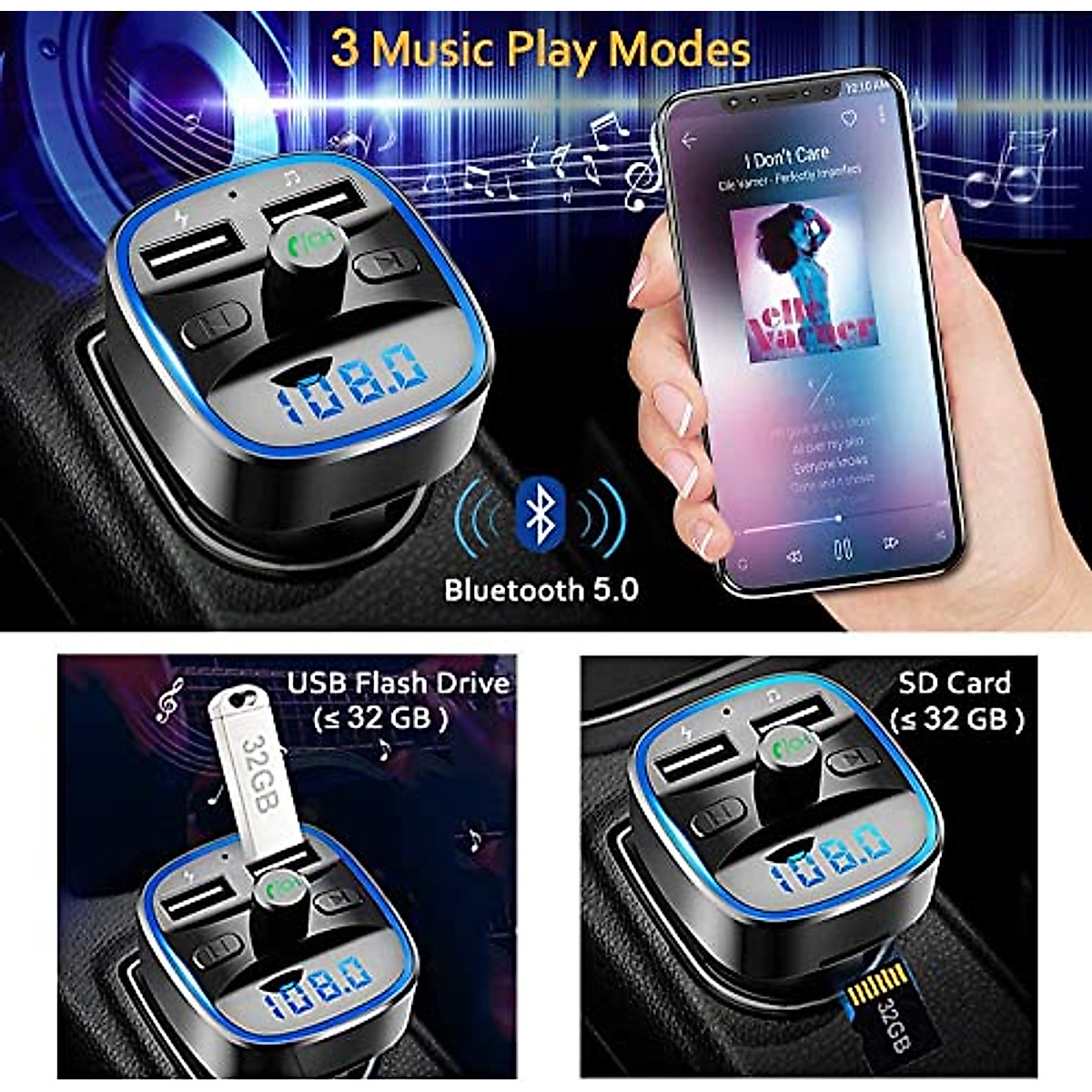 Bluetooth FM Transmitter for Car, Blue Ambient Ring Light Wireless Radio Car Receiver Adapter Kit with Hands-Free Calling, Dual USB Charger 5V/2.4A and 1A, Support SD Card, USB Disk (Black)