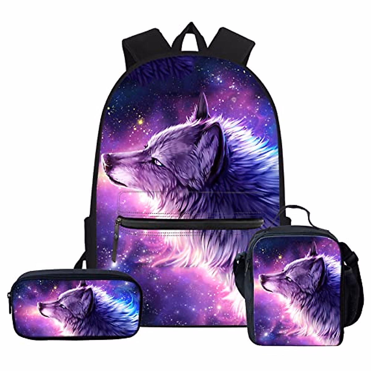 Upetstory Kids Galaxy Wolf School Backpack Teen Girls Boys Schoolbag Set with Lunch Bag Pencil Case Preschooler Primary Student Book Bag Children Daypack Bagpack