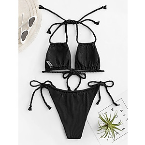 ZAFUL Triangle Bikini for Women 2 Piece Halter Bikini Sets Sexy High Cut Bathing Suit Side Tie Swimsuits Black Multiway S