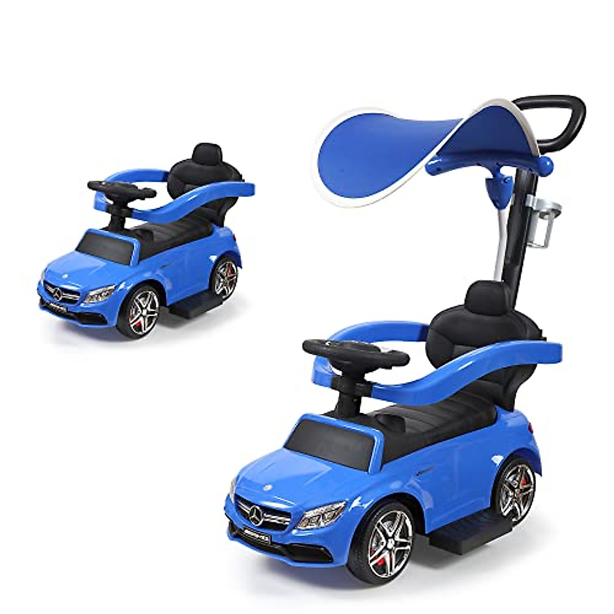 TOBBI Push Cars for Toddlers,3 in 1 Mercedes Benz Kid Ride on Toy Stroller Sliding Walking Car w/Removable Canopy,Handle, Safety Bar, Cup Holder,Horn Music,Under Seat Storage for Boys & Girls in Blue
