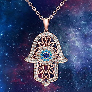 Hamsa Hand Evil Eye Necklace 925 Sterling Silver Rose Gold Plated Vintage Fatima Hand Good Luck Women Pendant Necklace