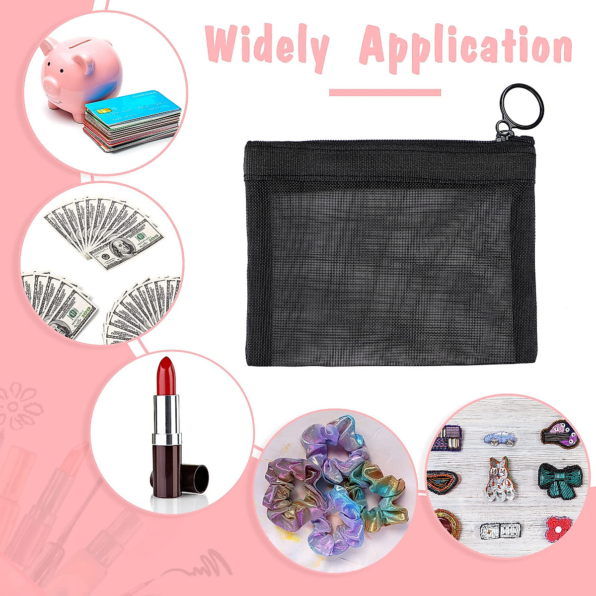 Black Small Zipper Pouch Mesh Mini Cosmetic Bag Coin Purse Bulk Mesh Coin Pouch Organizer for Women Travel Home, 5 x 4 Inch(20 Pcs)