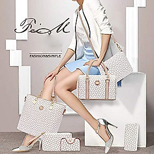 RainboSee Women 6 Pcs Handbag Tote Stitching Shoulder Bag PU Top Handle Hobo Satchel Purse Clutch Beige