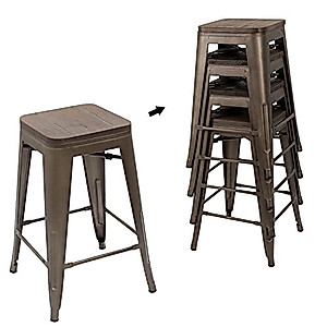 Devoko Metal Bar Stool 24'' Indoor Outdoor Stackable Barstools Modern Industrial Vintage Gun Counter Wood Top Bar Stools Set of 4 (Gun)