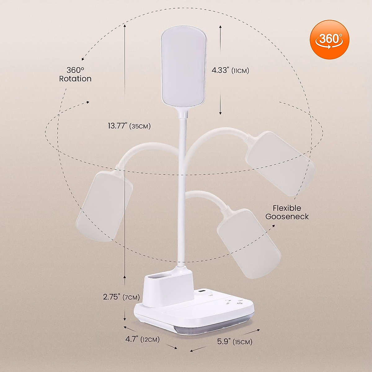 CELYST LED Rechargeable Desk Lamp, 5-in-1 Small Desk Lamp with USB Charging Port, Pen Holder, Night Light, Portable Desk Light for Home Office Student Children Kids College Dorm (White)