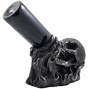 Evil Skull Rising from Flames Wine Bottle Holder Statue in Metallic Look for Scary Skeleton Halloween Party Decorations or Spooky Gothic Bar Decor As Gifts for Man Cave?
