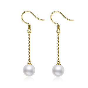 14K Real Gold Drop Pearl Earrings for Women, Yellow Gold 7mm Freshwater Cultured Pearls Threader Dangle Earrings Anniversary Jewelry Gifts for Her, Wife, Mom, Sister