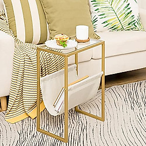 HOOBRO Narrow Side Table, Tempered Glass End Table with Fabric Magazine Sling, Small Coffee Accent Table, Bedside Table for Small Space, Bedroom, Living Room, Modern Style, Gold GD66BZ01