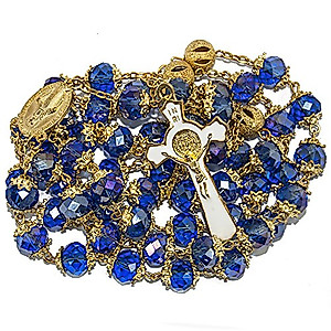 St Benedict Gold Plated Deep Blue Crystals Rosary Beads Miraculous Medal Catholic