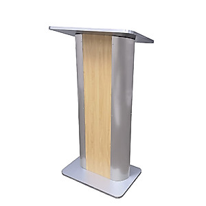 FixtureDisplays® 49"H Maple Melamine Podium Pulpit Lectern with Curved Brushed Stainless Steel Sides 19629