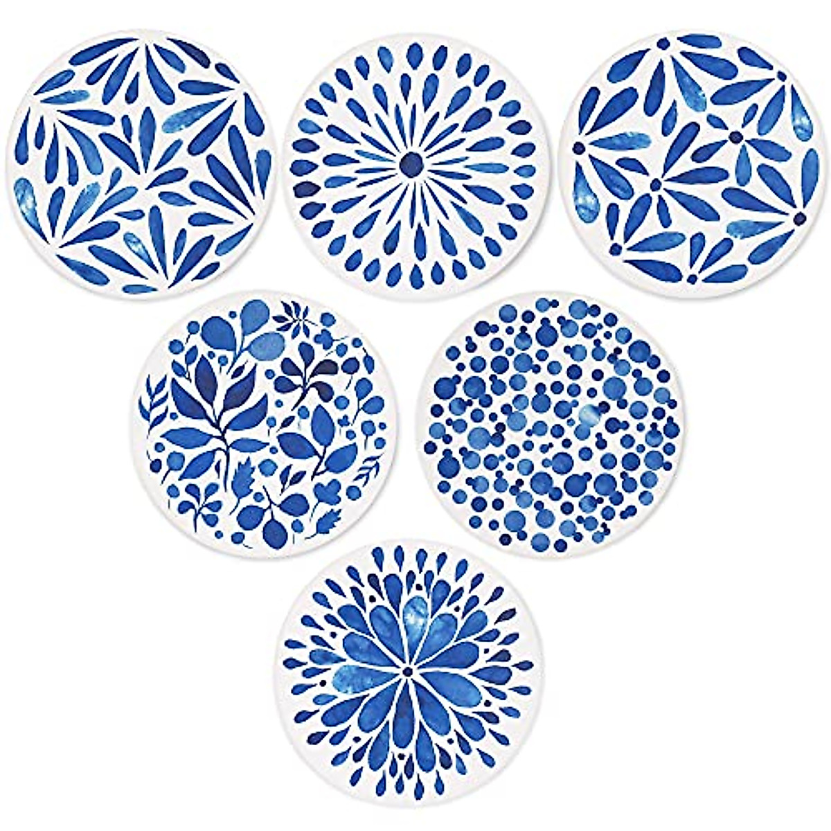 AD Set of 6 Coasters for Drinks Absorbing Round Ceramic Stone Coaster with Cork Base,Tabletop Protection Mat for Mugs and Cups,Office,Kitchen (Indigo Blue)