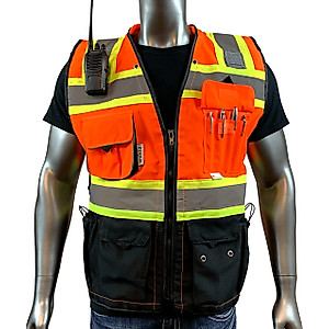 REXZUS (C Vest Mens Class 2 Black Series Safety Vest With Zipper and Utility Pockets Premium Black Series Surveyors Vest (Medium, Orange/Black)