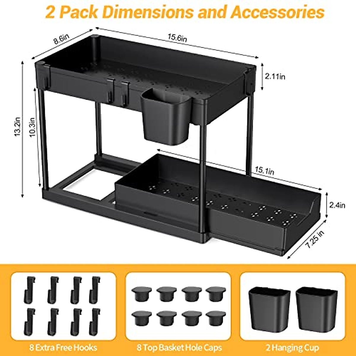 2PCS Under Sink Organizers and Storage, 2 Tier Under Sink Organizer with Sliding Drawers & Hooks & Hanging Cup, Multi-purpose Bathroom Storage Cabinet Organizer Shelf for Pantry, Bathroom, Kitchen
