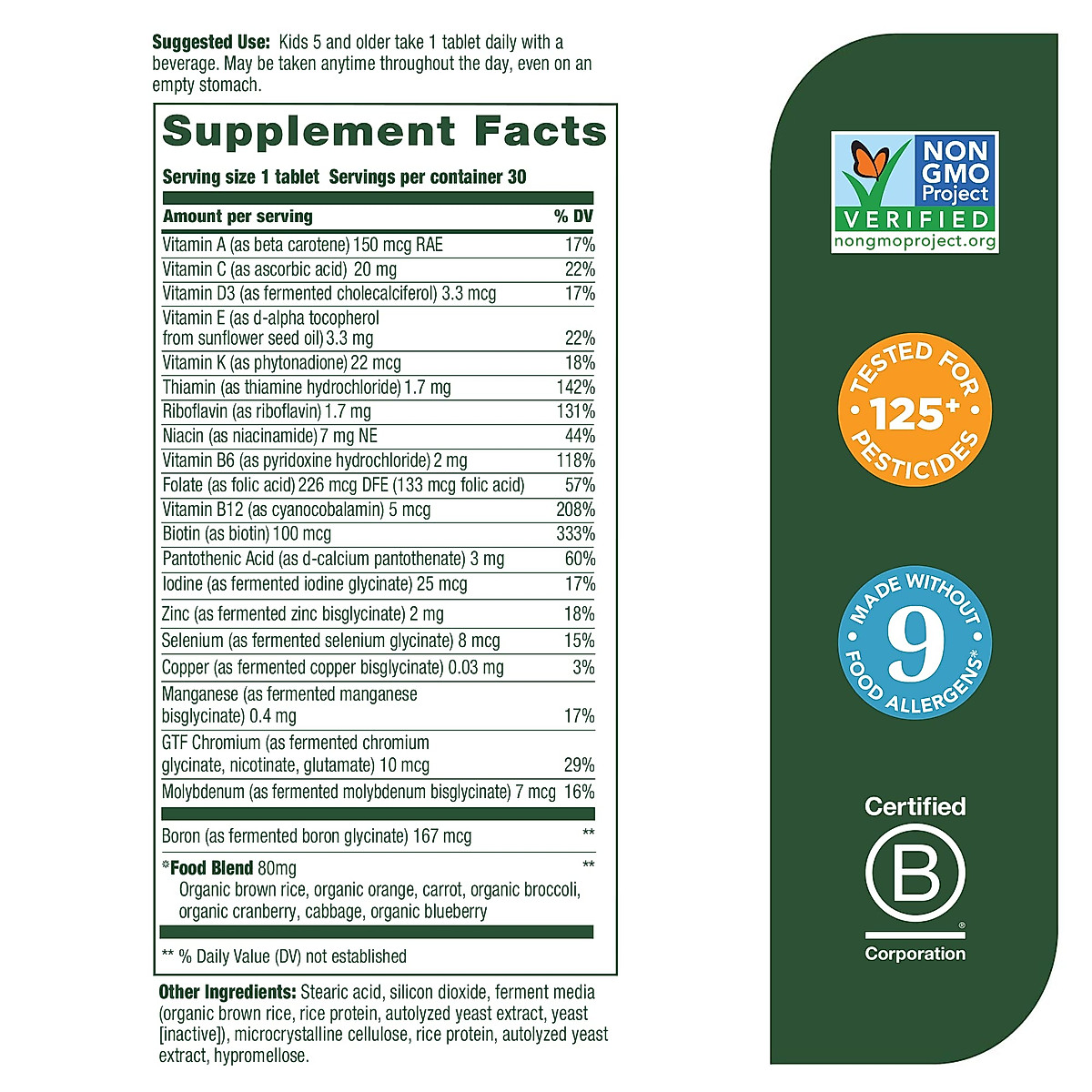 MegaFood Kids One Daily - Kids Vitamins - With Vitamin B, Vitamin C, Vitamin D & Zinc - Bone Health & Immune Support Supplement - Non-GMO, Vegetarian, Made Without 9 Food Allergens - 30 Mini Tabs