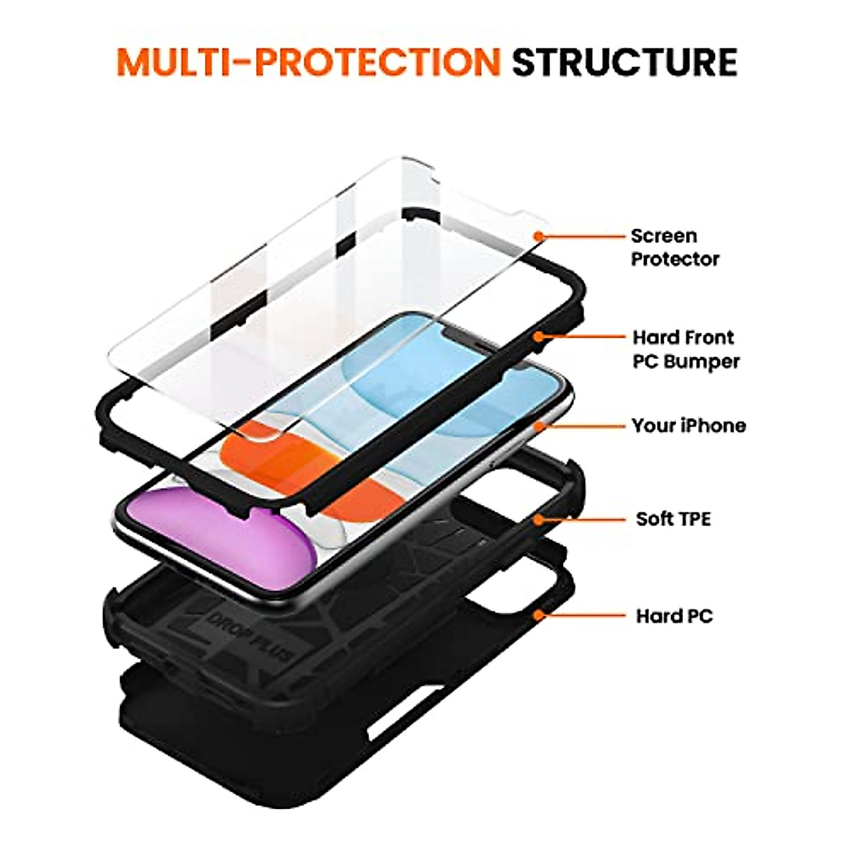 FireNova Design for iPhone 11 Case, with [Tempered Glass Screen Protector][Shockproof] [Dropproof],Protective Heavy-Duty 3 in 1 Tough Rugged Non-Slip Protective Phone Case Cover,6.1 Inch,Black