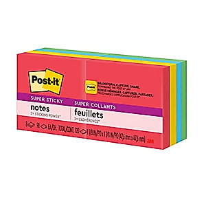 Post-it Super Sticky Notes, 2 in x 2 in, 8 Pads, 2x the Sticking Power, Playful Primaries Collection, Primary Colors (Red, Yellow, Green, Blue, Purple), Recyclable (622-8SSAN)