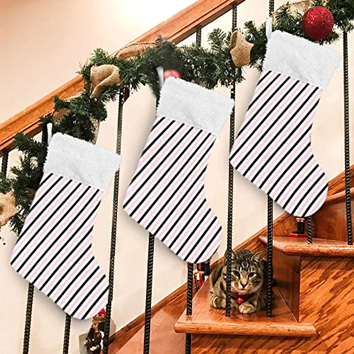 Kigai Christmas Stockings Pink Black Stripe Large Candy Stockings Stuffers Kids Cute Xmas Sock Decorations 1PC for Home Holiday Party 12" x18"