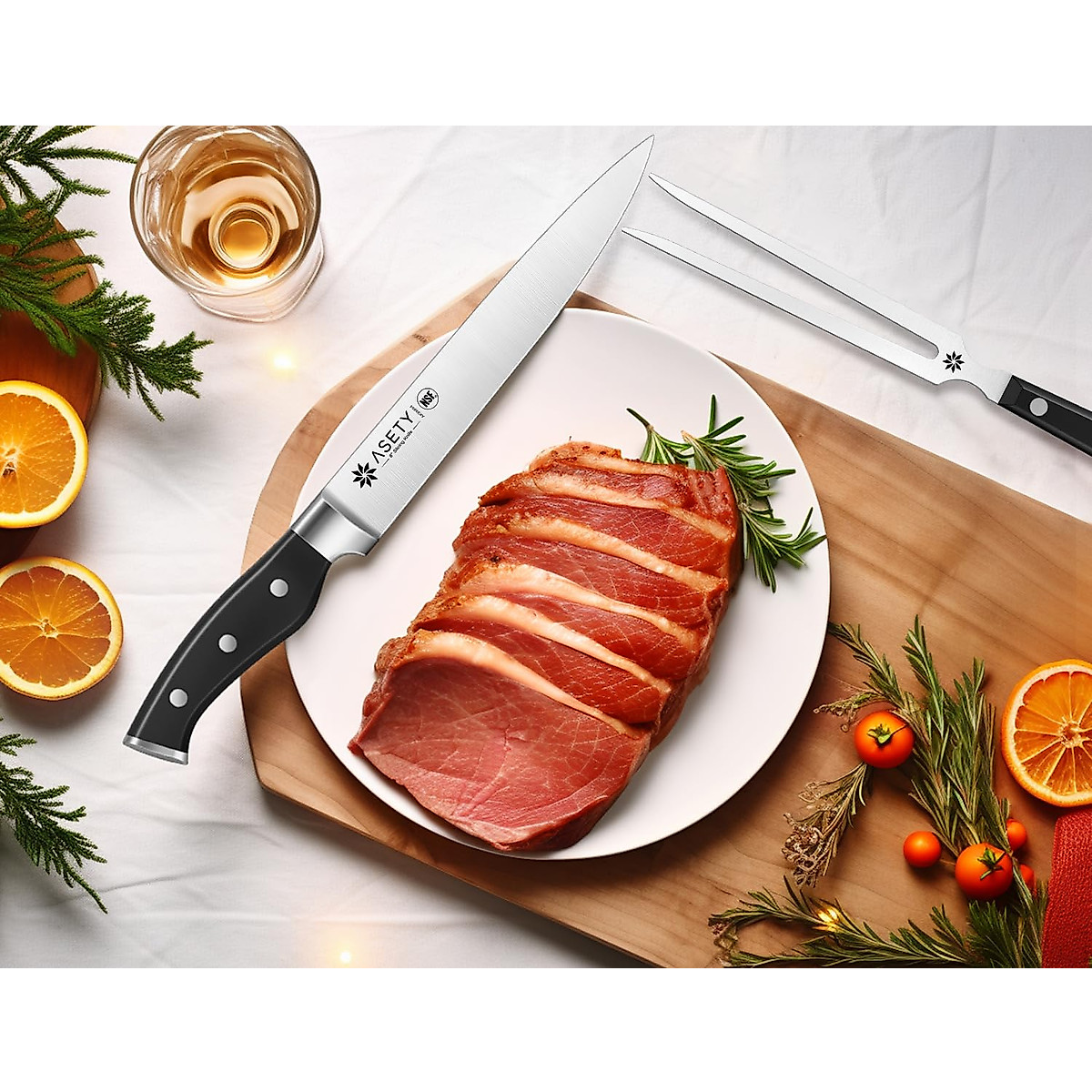 ASETY Carving Knife Set, High Carbon Stainless Steel Carving Knife and Fork Set, 2 PCS Carving Set for Turkey, Meat, BBQ, Brisket, NSF Food Safe, Full Tang Slicing Knife with Gift Box
