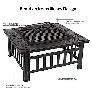 Mcombo 32" Metal Fire Pit Square Table Backyard Patio Terrace Fire Bowl Heater/BBQ/Ice Pit with Charcoal Rack Waterproof Cover 0039, Black