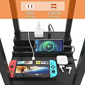 Tangkula Floor Lamp with Shelves and Drawer, Modern Shelf Floor Lamp with 1 Power Outlet and 2 USB Ports, Standing Floor Lamp for Living Room and Bedroom, Black (Carved)