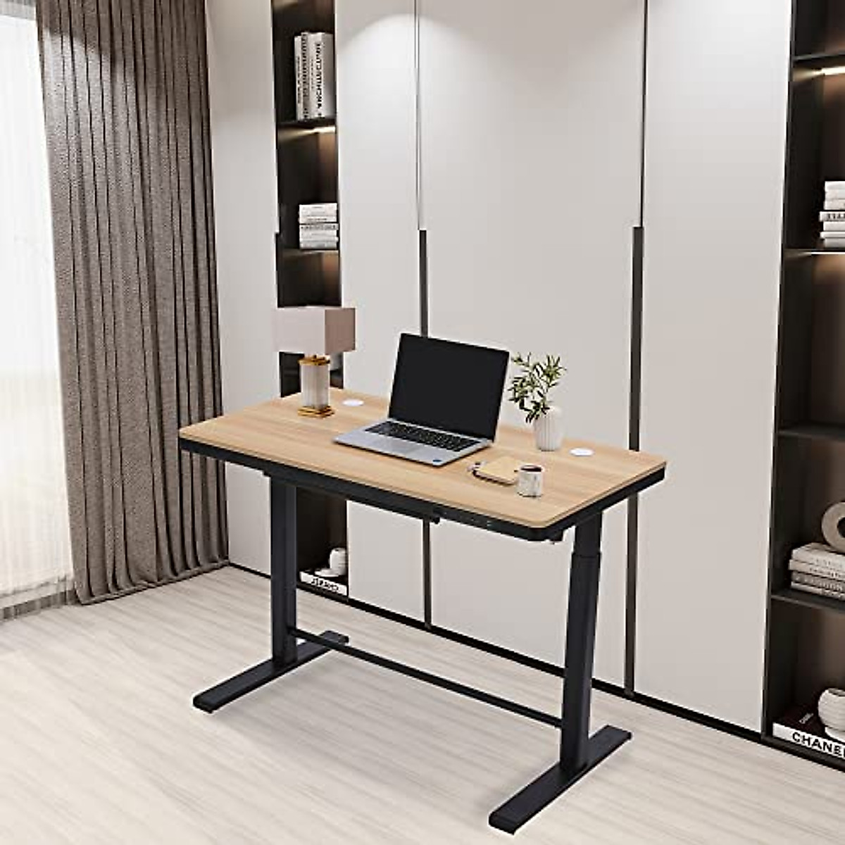 FARRAY Electric Standing Desk with Drawer, 45 x 24 Inch Adjustable Height Desk with Power Strip & USB Ports, One-Piece Top Stand Up Desk, Modern Sit Stand Desk (Oak Top + Black Frame)