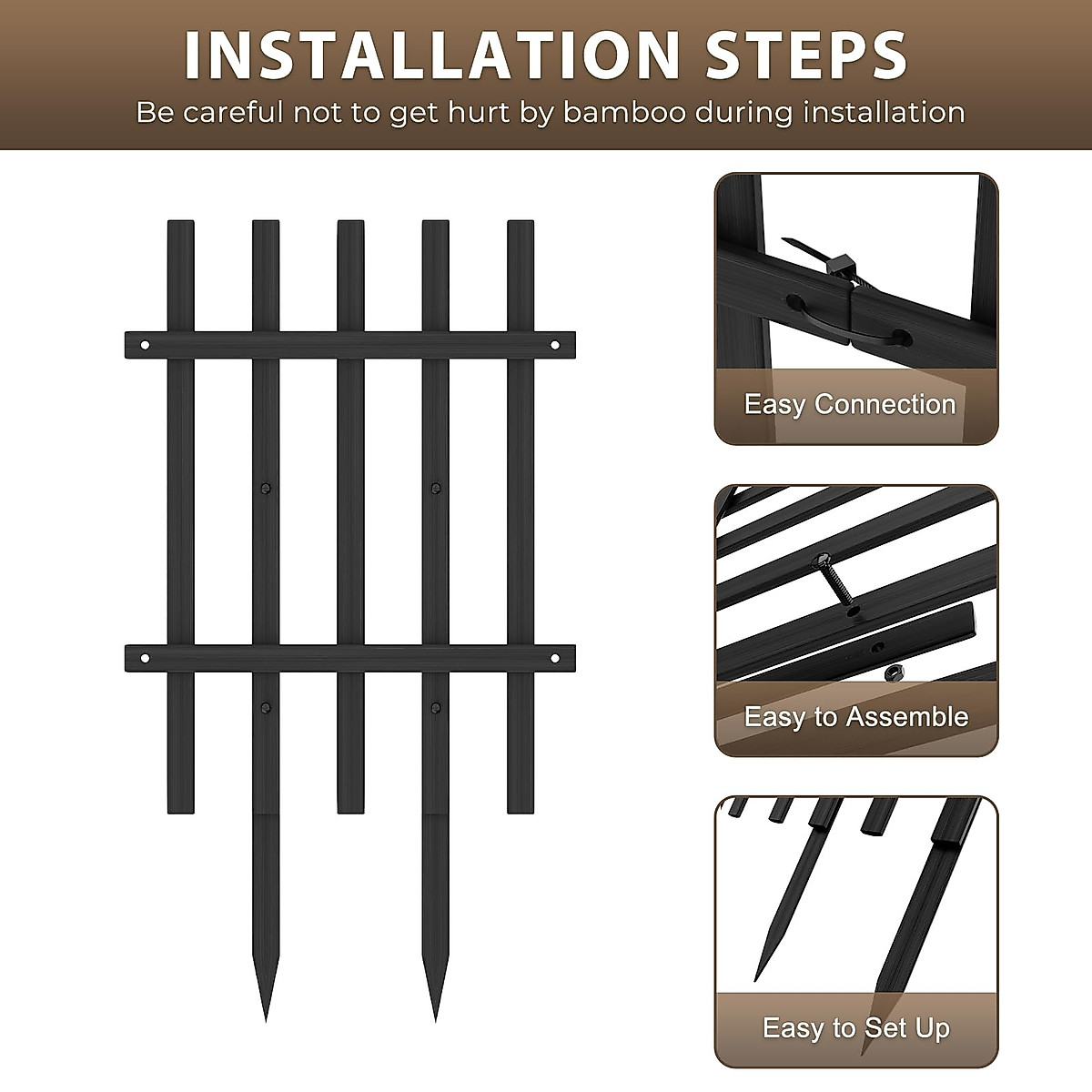 Decorative Garden Fence 20 Pack Animal Barrier Fencing with 6 Green Leaves 20.8 ft (L) x 22.2 in (H) Bamboo Fences Garden Edging Border for Small Dog Rabbit Yard Patio, Black