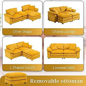 Wrofly Loveseat Sofa with Ottoman, 84.6" Comfy Upholstered Corduroy 2 Seater Chaise Lounge, Oversized Deep Seat Cloud Couch, Modern Modular Sectional Sofa for Living Room Apartment, Yellow